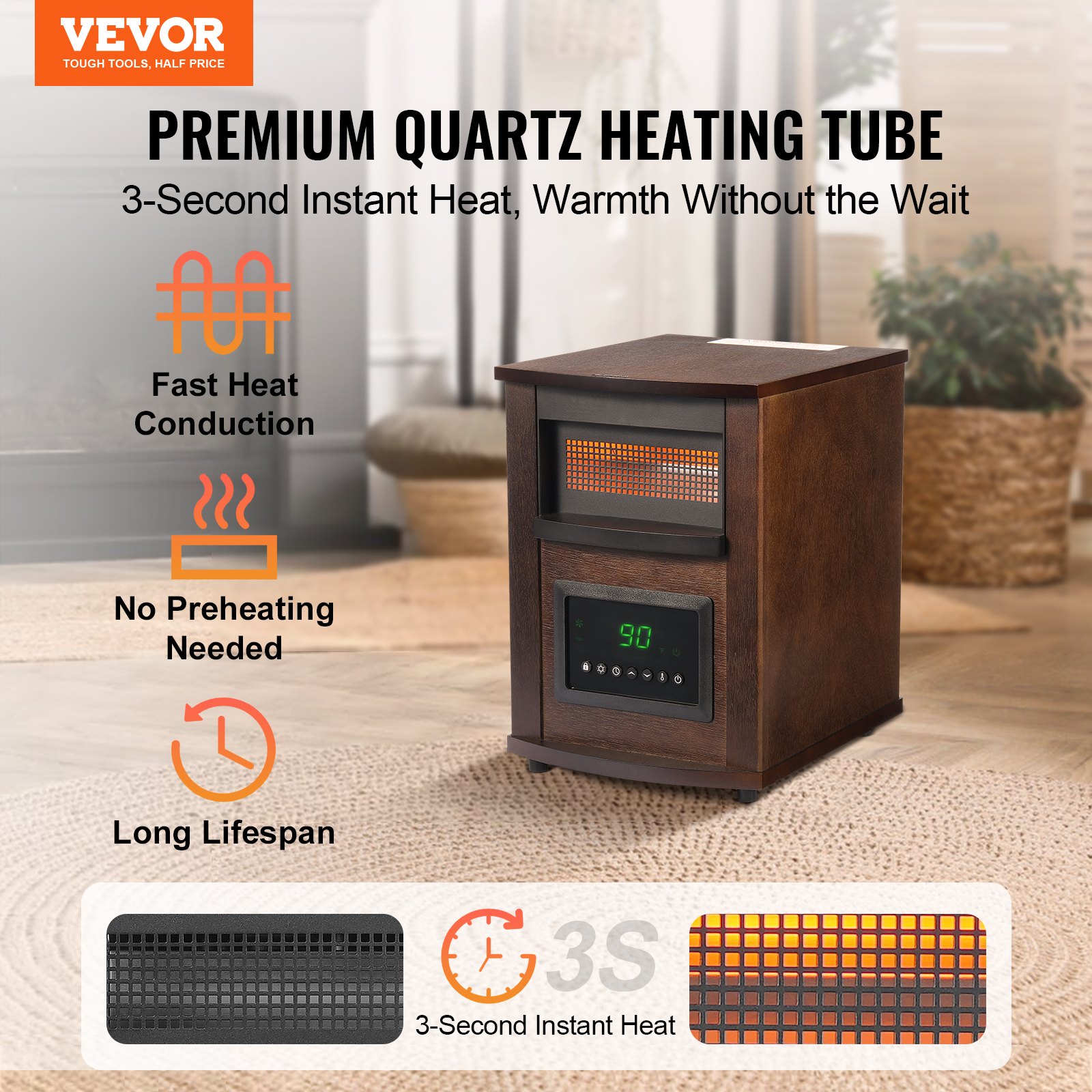 VEVOR Infrared Heater, 1500W Remote Control Electric Space Heater, LED ...