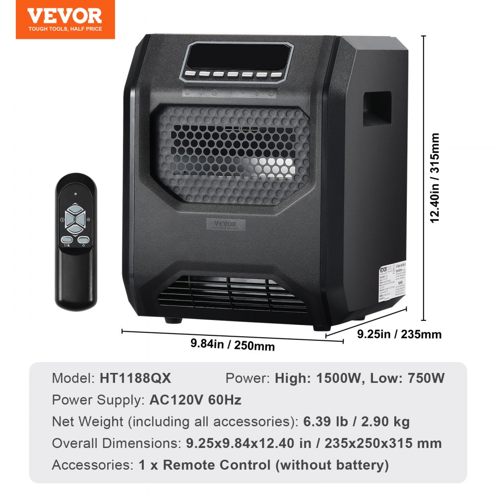 VEVOR Infrared Heater 1500W Electric Space Heater Remote Control 3 ...
