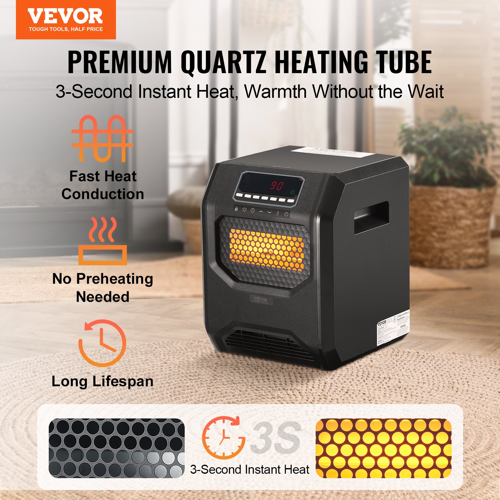VEVOR Infrared Heater, 1500W Remote Control Electric Space Heater, LED ...