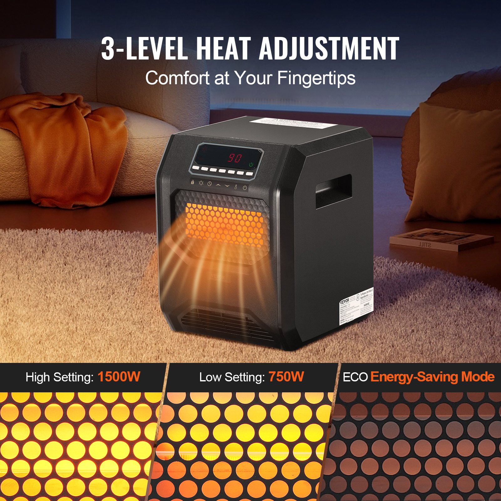 VEVOR Infrared Heater, 1500W Remote Control Electric Space Heater, LED ...