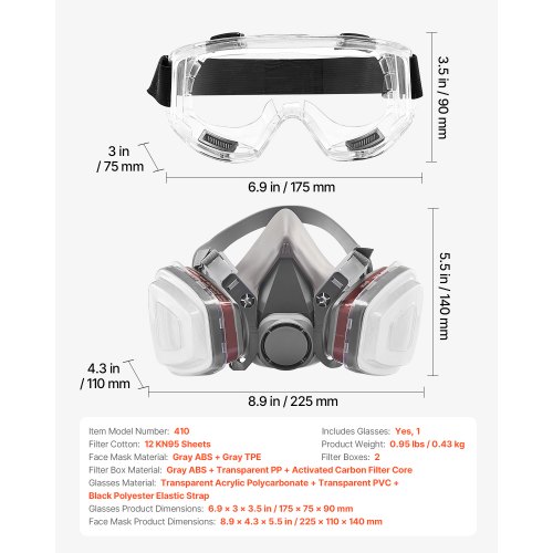 Respirator Mask Reusable Half Face Cover with Safety Glasses Filters ...
