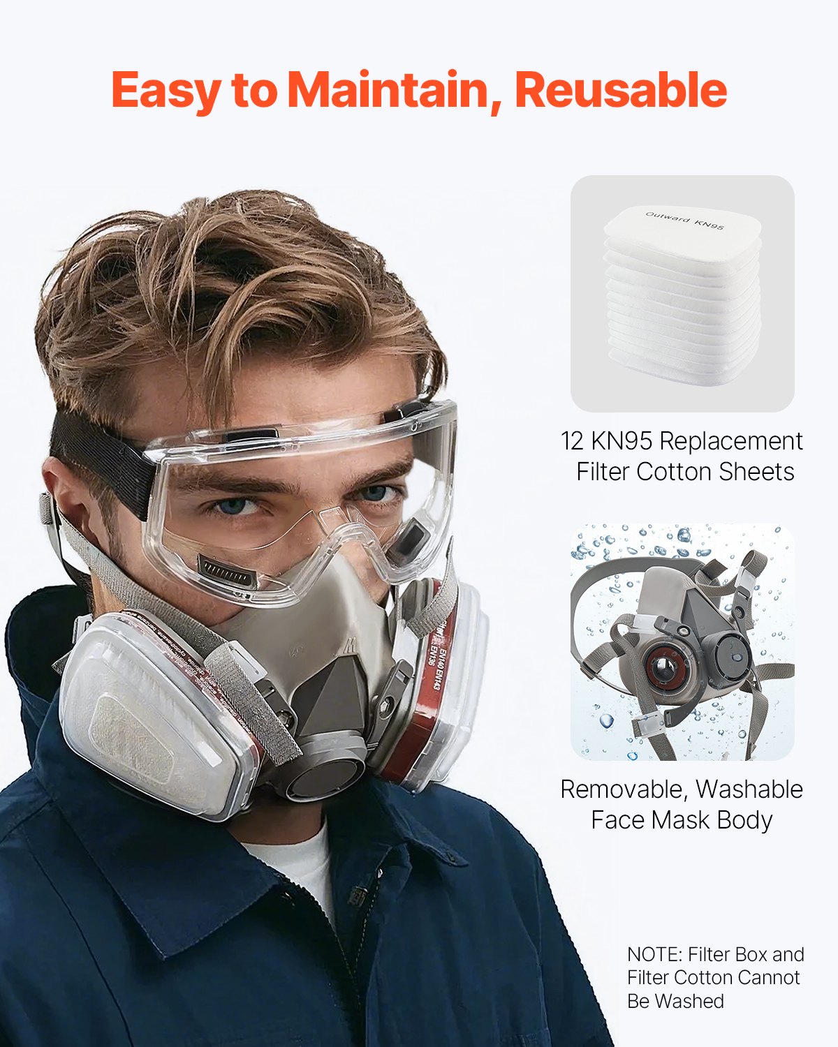 VEVOR Half Respirator Mask – Dual Filters, 12 KN95 Inserts