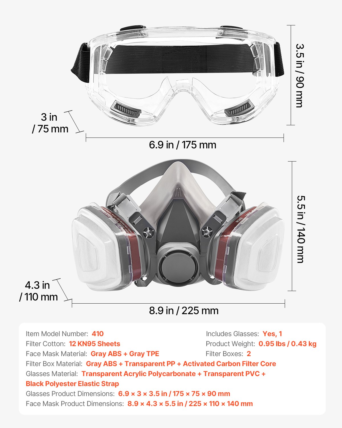 VEVOR Half Respirator Mask – Dual Filters, 12 KN95 Inserts