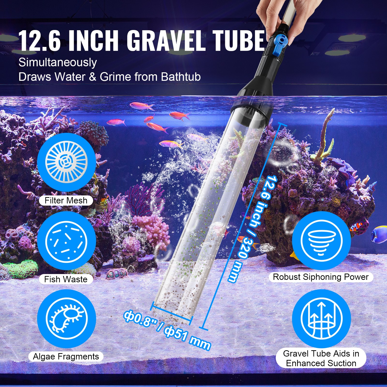 VEVOR Aquarium Vacuum Gravel Cleaner, 25 ft PVC Hose Fish Tank Vacuum ...