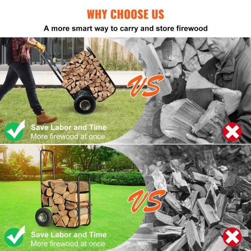 VEVOR Firewood Cart, 220 lbs Weight Capacity, Wood Carrier with Wheels ...