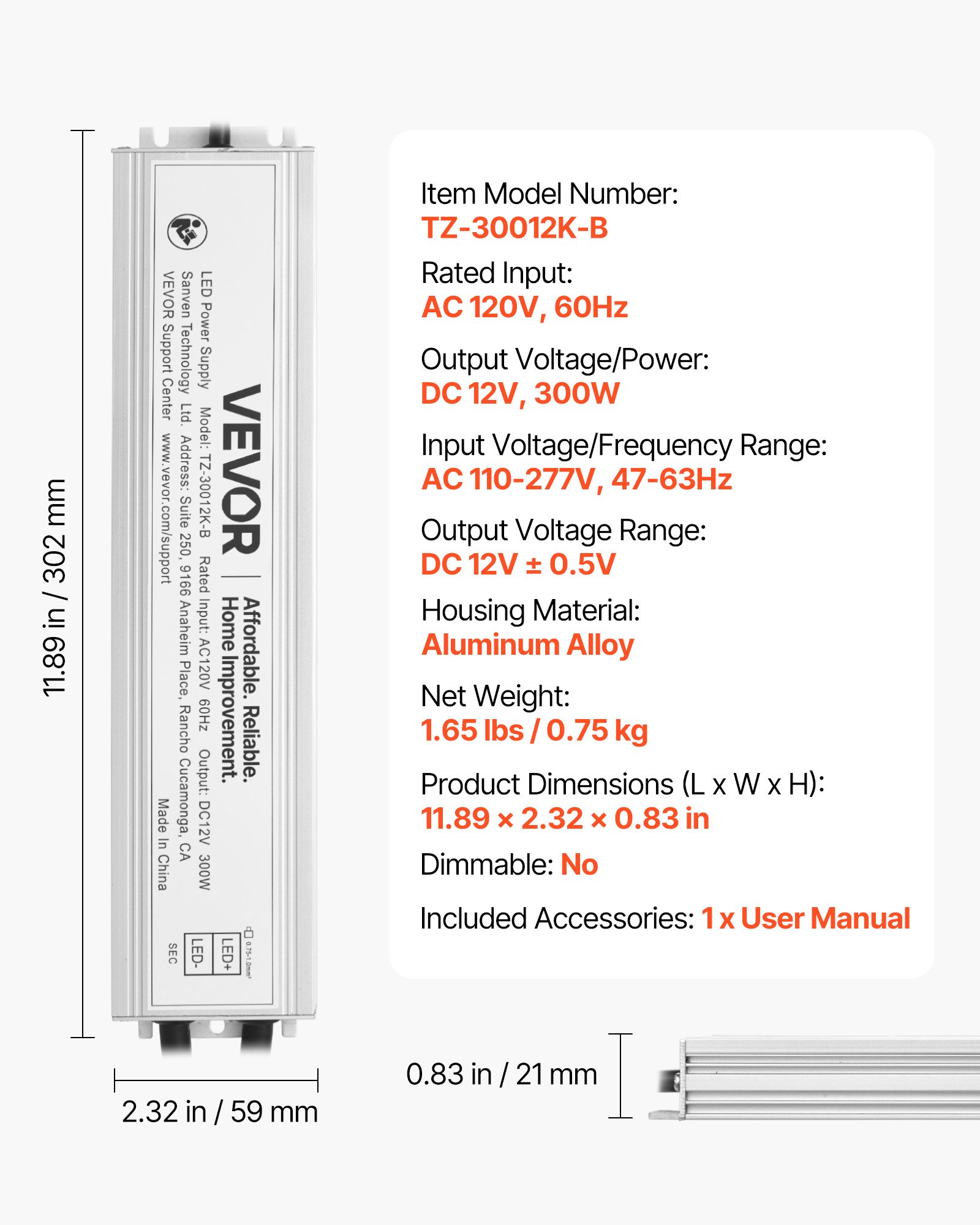 VEVOR LED Driver 300 Watts, 12V DC, Waterproof IP67 Low Voltage Power ...