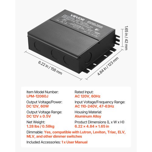 60W 12V Dimmable LED Driver AC to DC Power Supply Transformer Constant ...