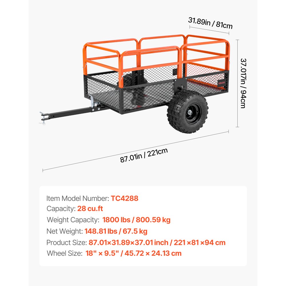 VEVOR Garden Utility Trailer, 28 Cu. Ft. & 1800lbs, ATV UTV Trailer ...