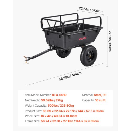 VEVOR Dump Trailer 500 lbs 10 Cu. Ft Tow Behind Plastic Garden ATV ...
