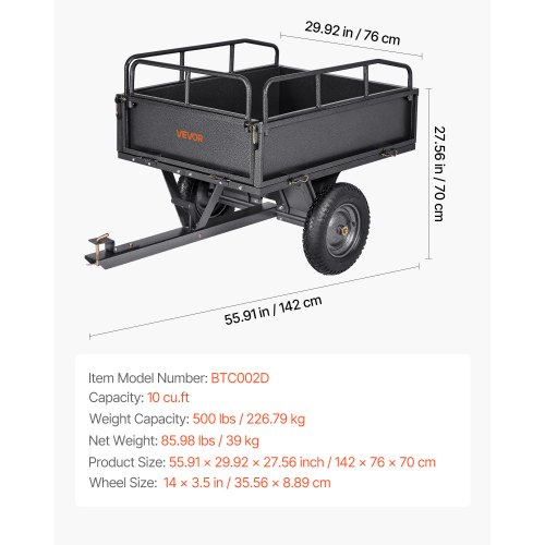 VEVOR Steel Dump Cart 10 Cu. Ft 500LB for ATV/UTV Trailer Tow Behind ...