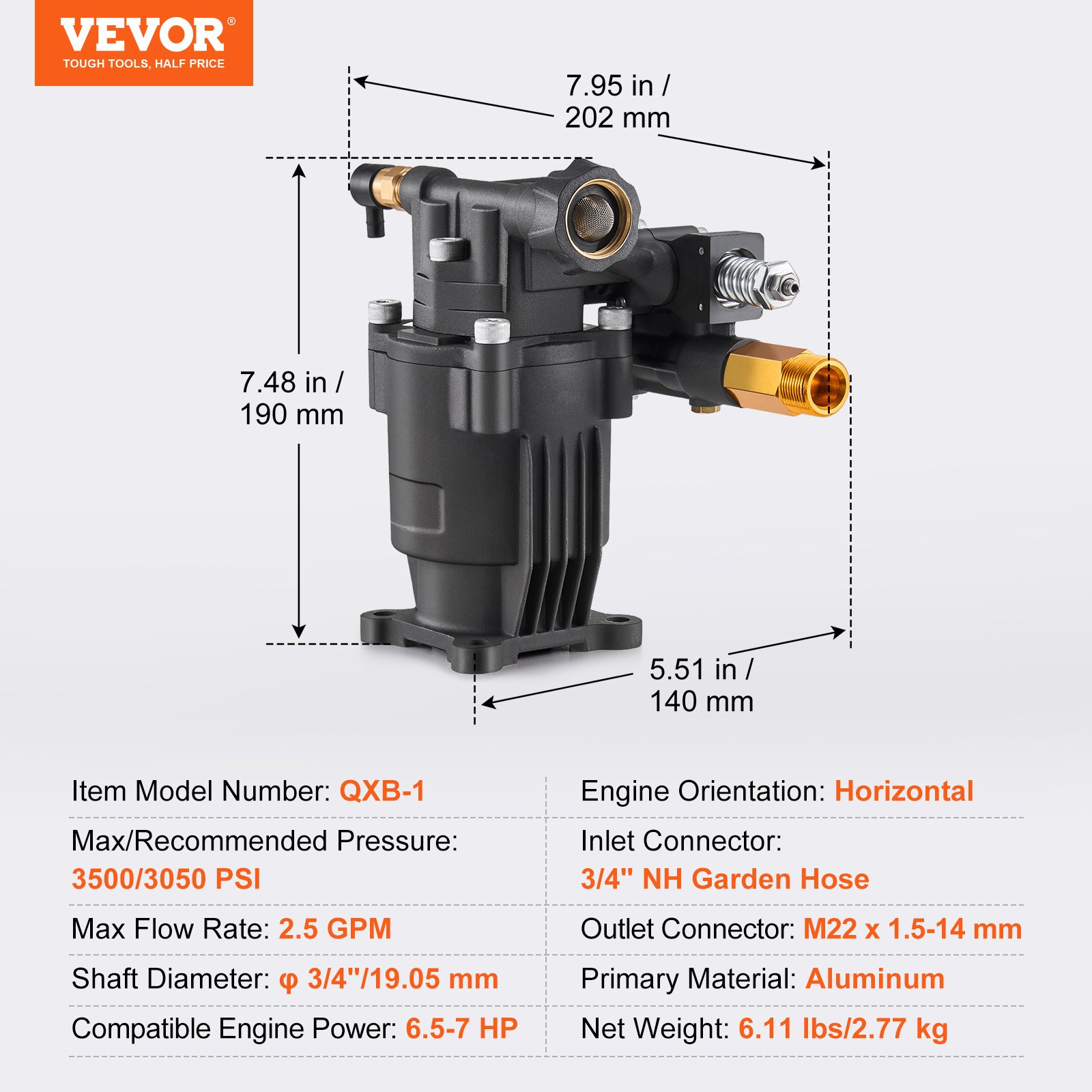 VEVOR Pressure Washer Pump, 3/4" Shaft Horizontal, 3500 PSI, 2.5GPM ...