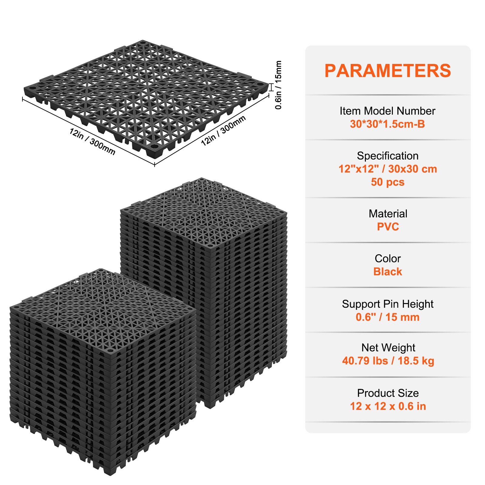 VEVOR Interlocking Tile 50PCS Black, Drainage Tiles 12" x 12" Splicing ...