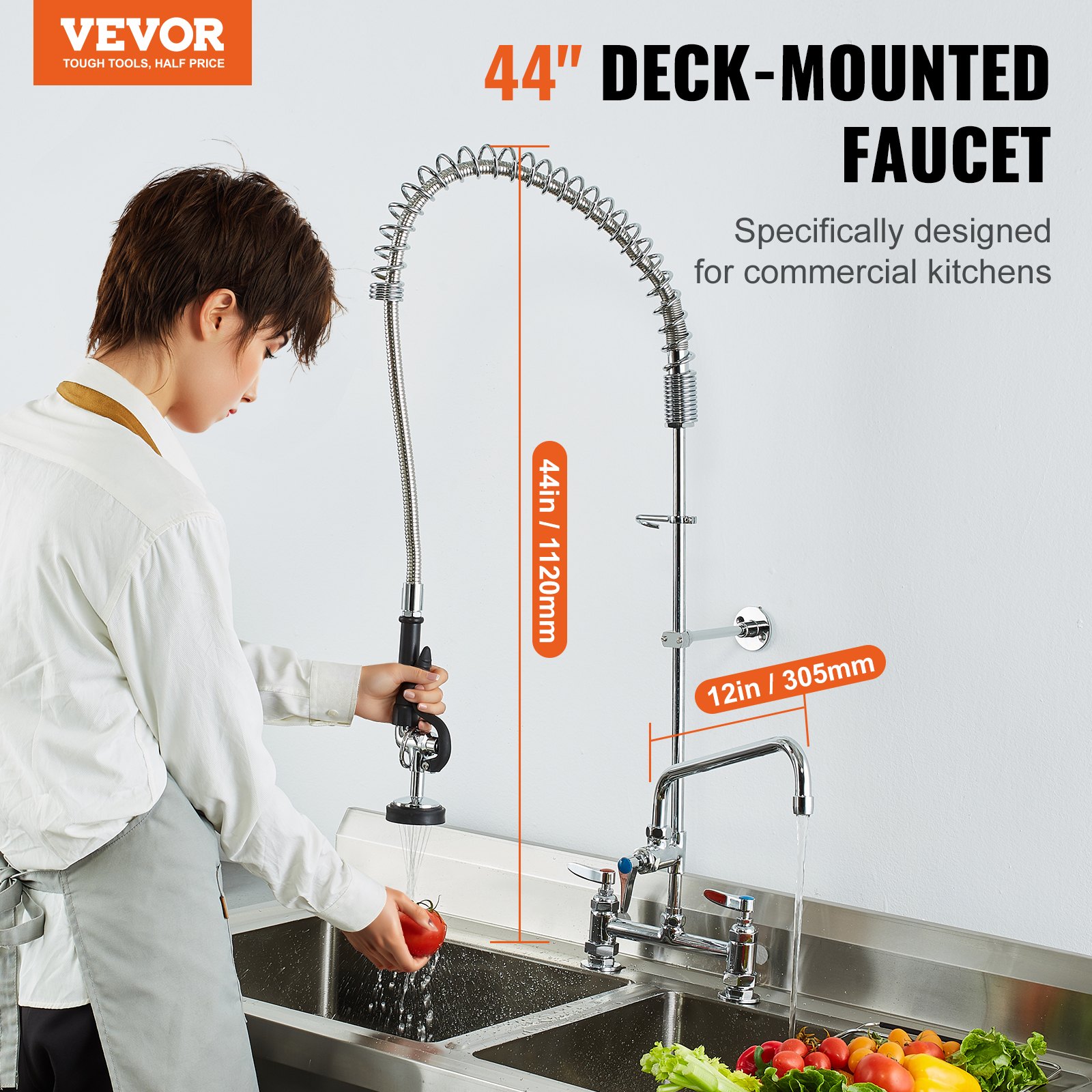 VEVOR Commercial Faucet with Pre-Rinse Sprayer, 44" Height, 8" Center ...