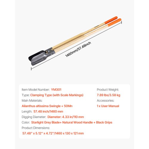 Post Hole Digger with Wood Handle and Scale Markings 57.5" Manual Hole ...