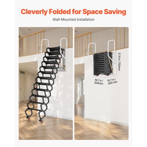 Steel Attic Ladder Wall-Mounted 660LBS/299.4KG Capacity for 9.5-10 ft ...