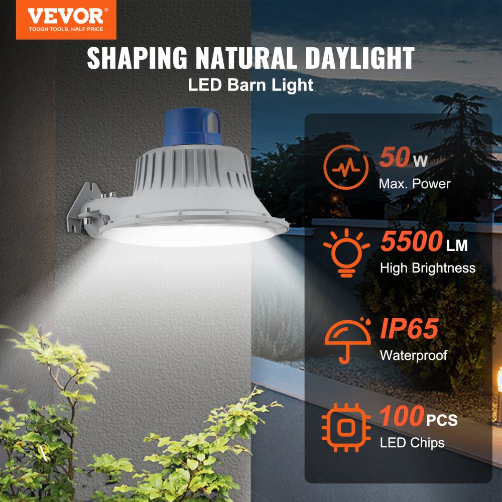 VEVOR LED Barn Light, 50W 5500LM, Ultra Brightness 6000K Daylight, Dusk ...