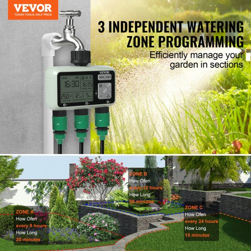 VEVOR Water Timer, 3 Outlets, Hose Watering Sprinkler Timer, with 3 ...