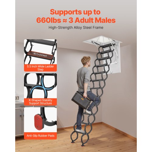Steel Attic Ladder Ceiling-Mounted Attic Stairs for 9.5 to 10.2 ft ...