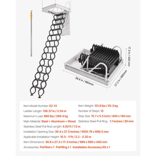 Steel Attic Ladder Ceiling-Mounted Attic Stairs for 10.5 to 11 ft ...