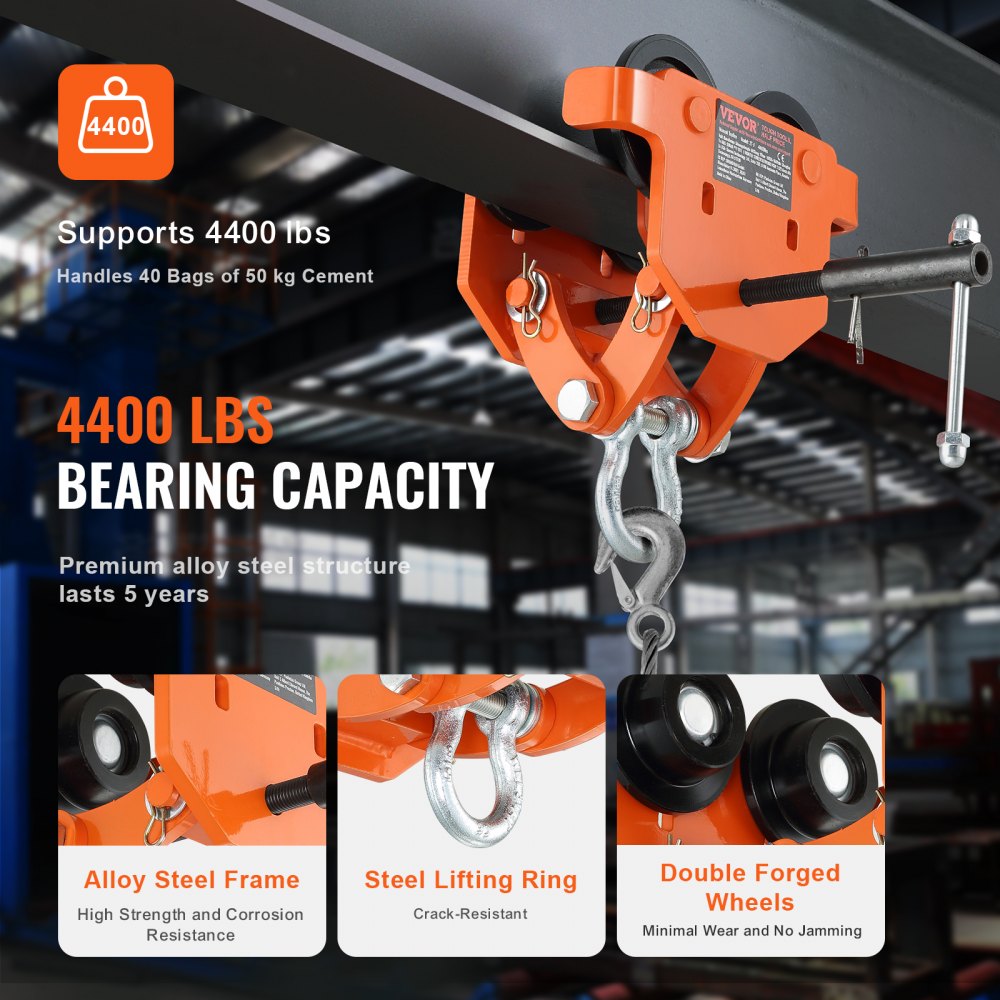 VEVOR Manual Trolley, 4400 lbs/2 Ton Load Capacity, Push Beam Trolley ...