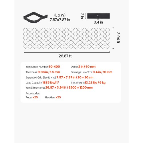 Ground Grid 2-Inch Depth Geocell Grid 26.87x3.94 FT / 8200x1200 mm for ...