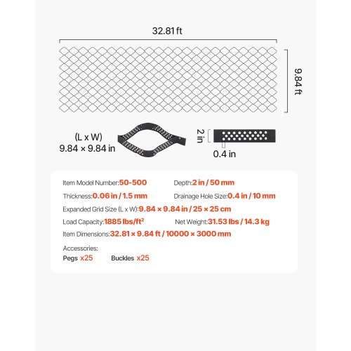 Ground Grid 2-Inch Depth Geocell Grid 32.81x9.84 FT / 10000x3000 mm for ...