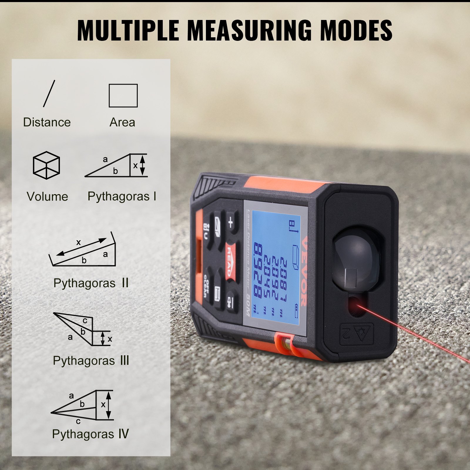 VEVOR Laser Measure, 165 ft, ±1/16'' Accuracy Laser Distance Measure ...