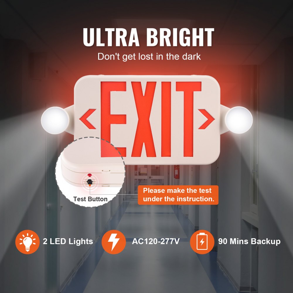 VEVOR LED Exit Sign with Emergency Lights, Two LED Adjustable Heads Emergency Exit Light with ...