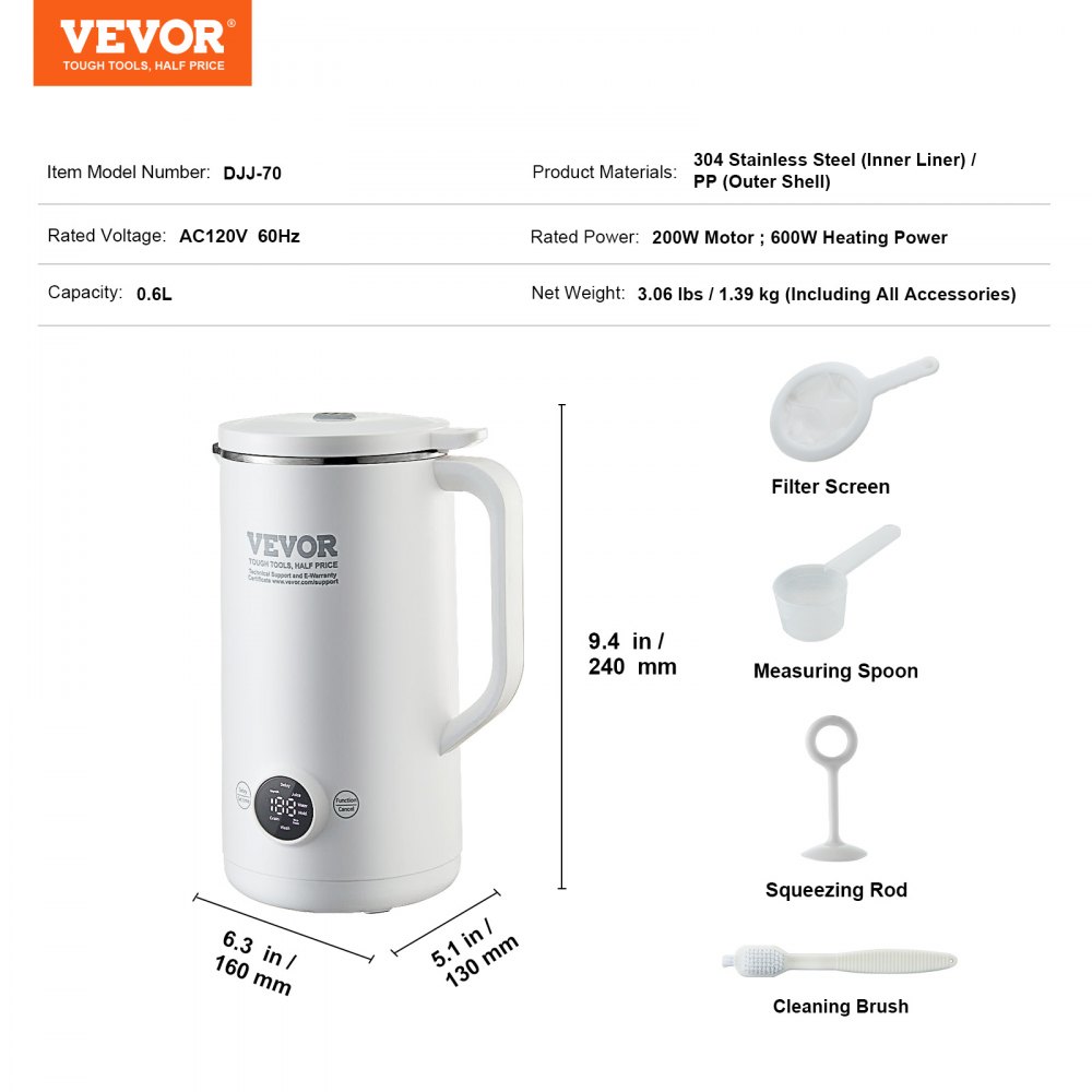 VEVOR Nut Milk Maker 8-in-1 Soy Milk Maker 8-Leaf Blades 600ML 2-18 ...