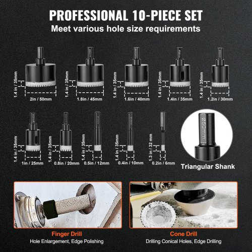 VEVOR Diamond Core Drill Bit Set, 10 PCS 6/10/12/20/25/30/35/40/45/50mm ...