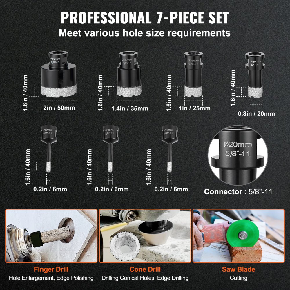 VEVOR Diamond Core Drill Bit Set, 7 PCS 6/6/6/20/25/35/50mm Diamond ...