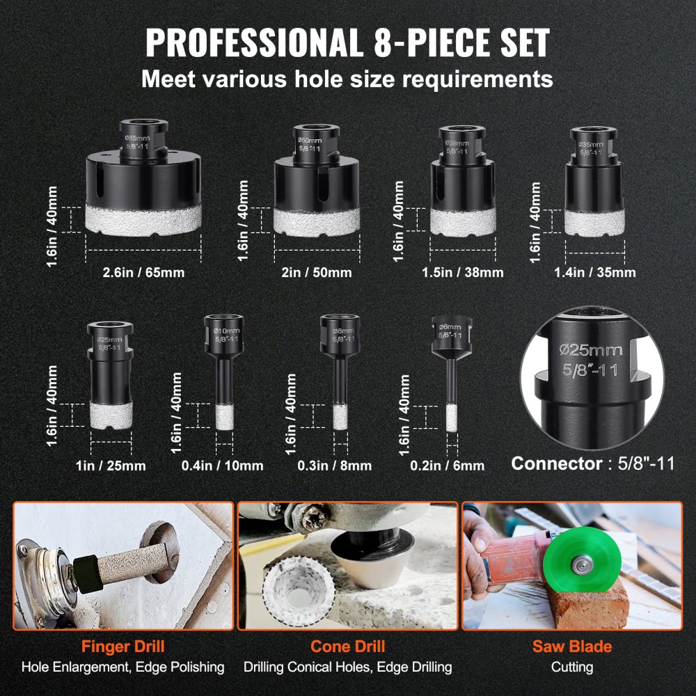 VEVOR Diamond Core Drill Bit Set, 8 PCS 6/8/10/25/35/38/50/65mm Diamond ...