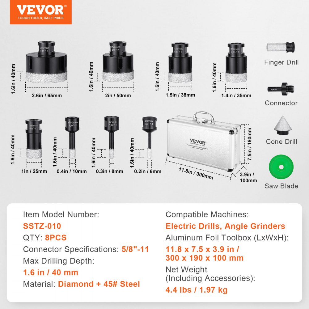 VEVOR Diamond Core Drill Bit Set, 8 PCS 6/8/10/25/35/38/50/65mm Diamond Hole Saw Kit, with ...