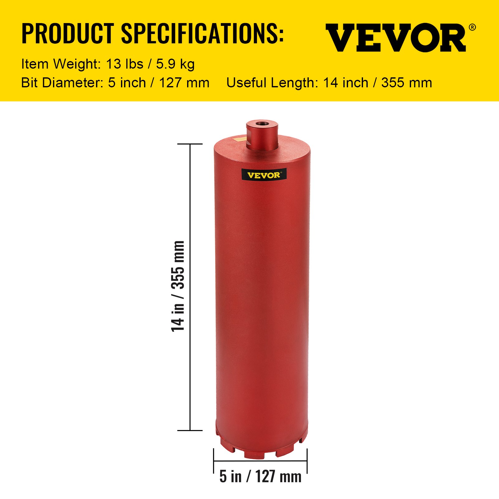 VEVOR Diamond Core Drill, 5"/127mm Diameter Core Drill Bit, 14"/355mm ...