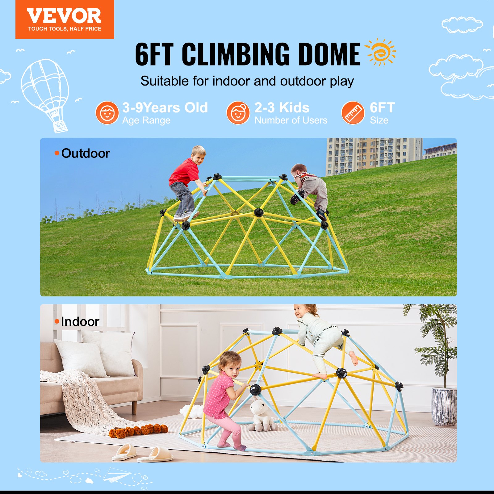 VEVOR Climbing Dome, Jungle Gym Supports 600LBS and Easy Assembly, 6FT ...