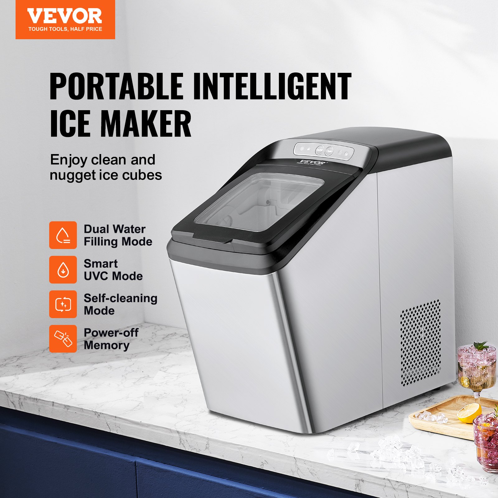 VEVOR Countertop Ice Maker, 30lbs in 24Hrs, Auto Self-Cleaning Portable ...
