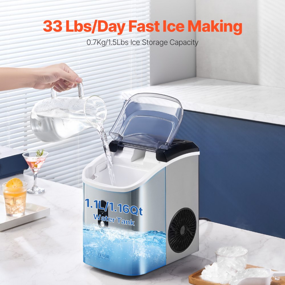 VEVOR Countertop Ice Maker Pellet Ice – 33lbs, Stainless