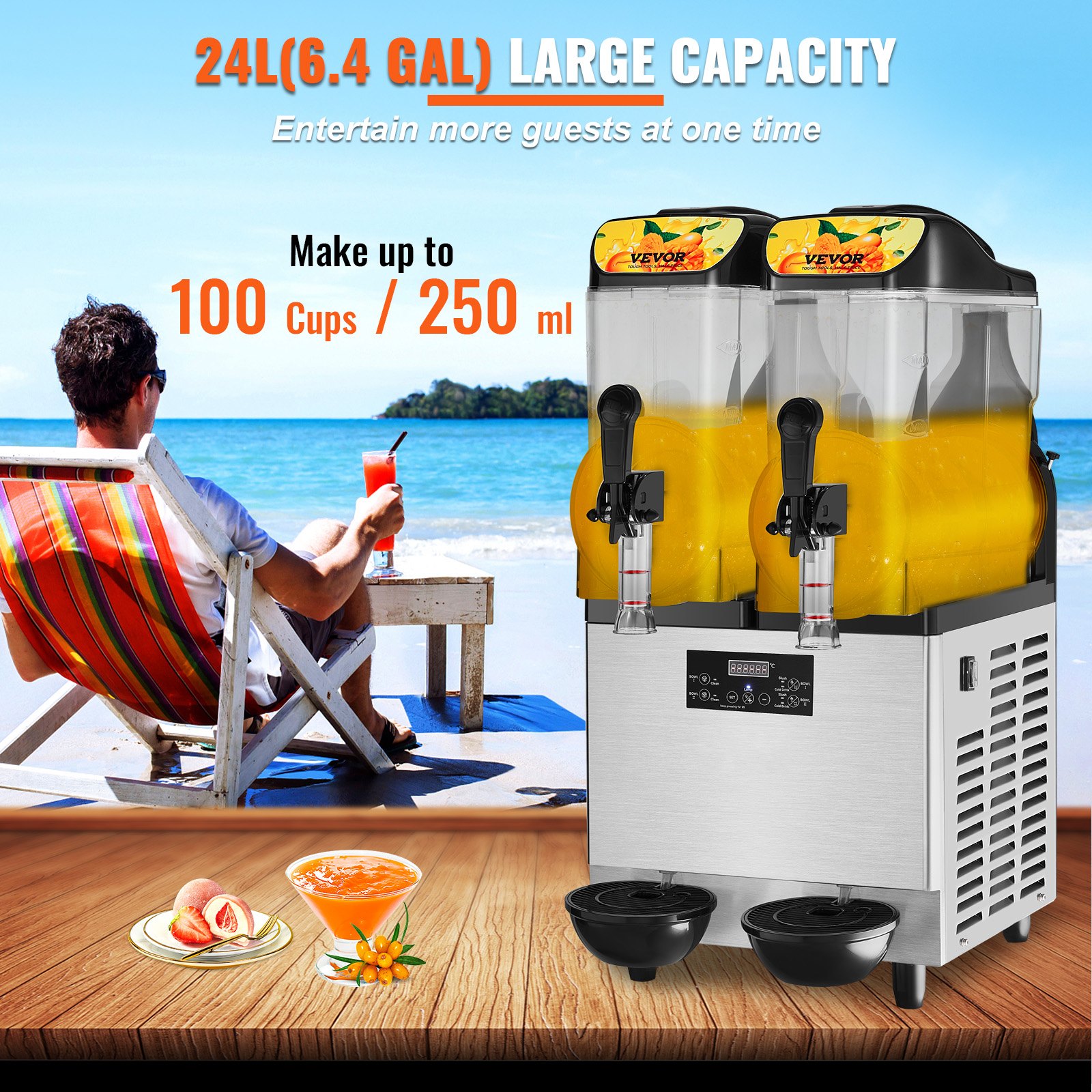 VEVOR Commercial Slushy Machine, 24L/6.4Gal Two Bowls, 100 Cup ...