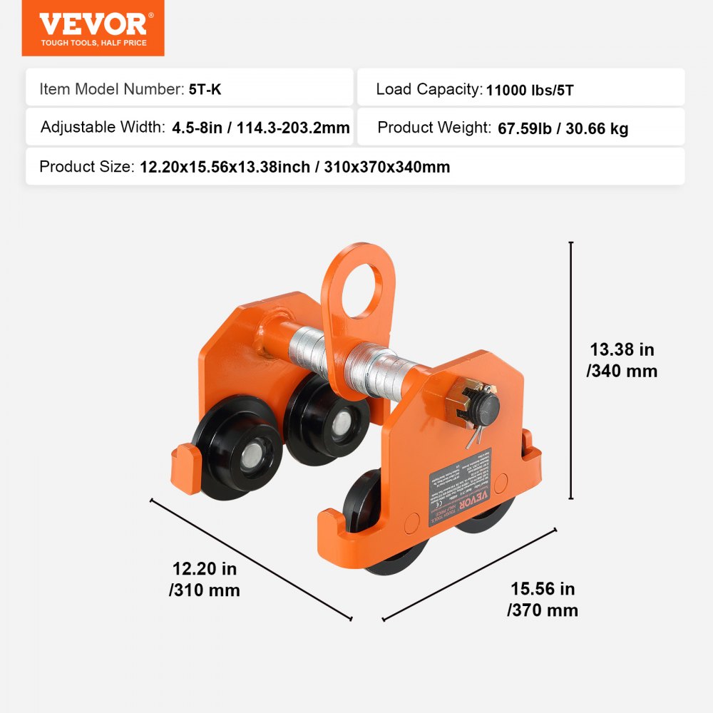 VEVOR Manual Trolley, 5 Ton Load Capacity, Push Beam Trolley with Dual ...