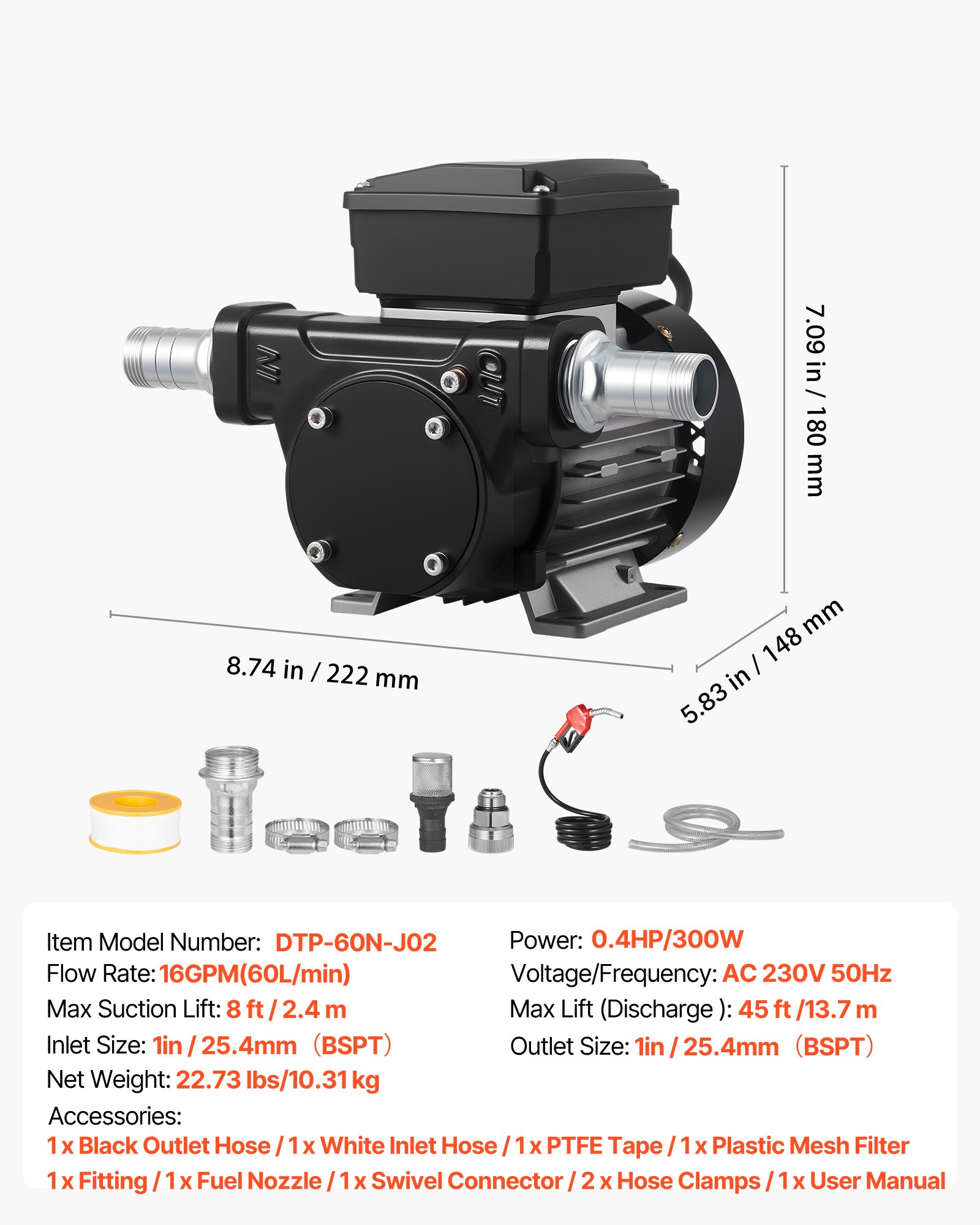 VEVOR Fuel Transfer Pump 110V, 16 GPM 60 L/min, AC Electric Oil ...
