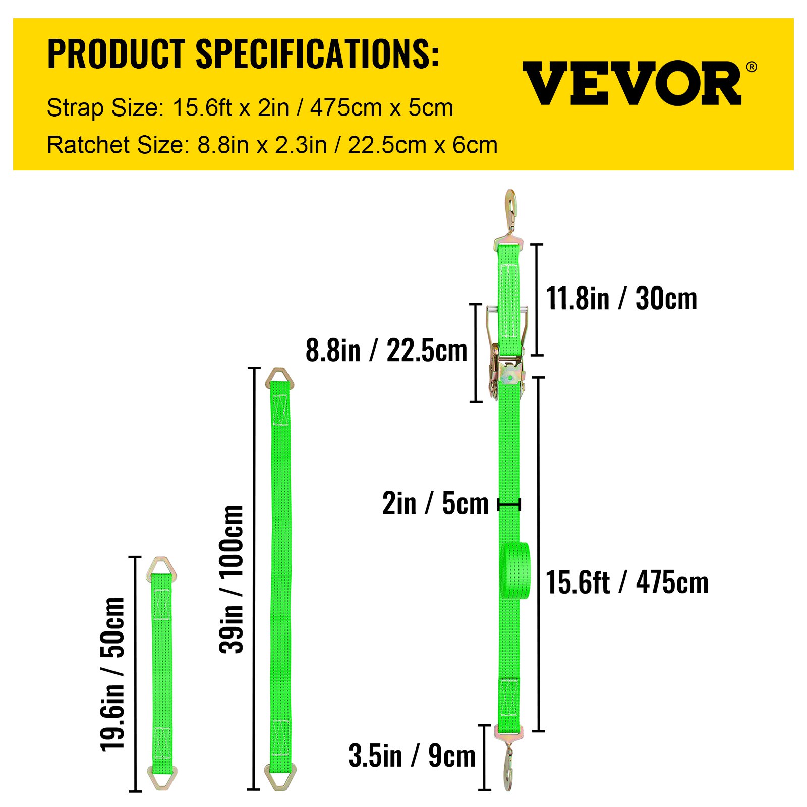 VEVOR Ratchet Tie Down Straps, 2'' x 15.6' Heavy Duty Ratchet Straps with Snap Hooks, 4000 lbs ...