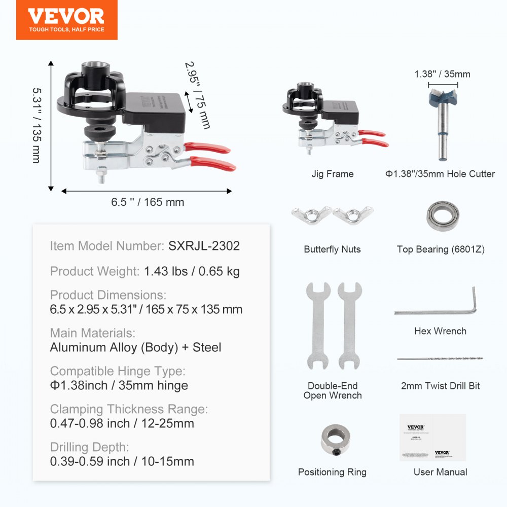 VEVOR 35 mm Concealed Door Hinge Jig, Aluminum Alloy Cabinet Hinge Jig, Accurate Locking Dual ...