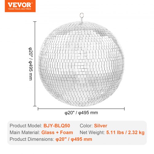 VEVOR Mirror Disco Ball, Large 20 Inch Party Mirror Ball with Hanging ...