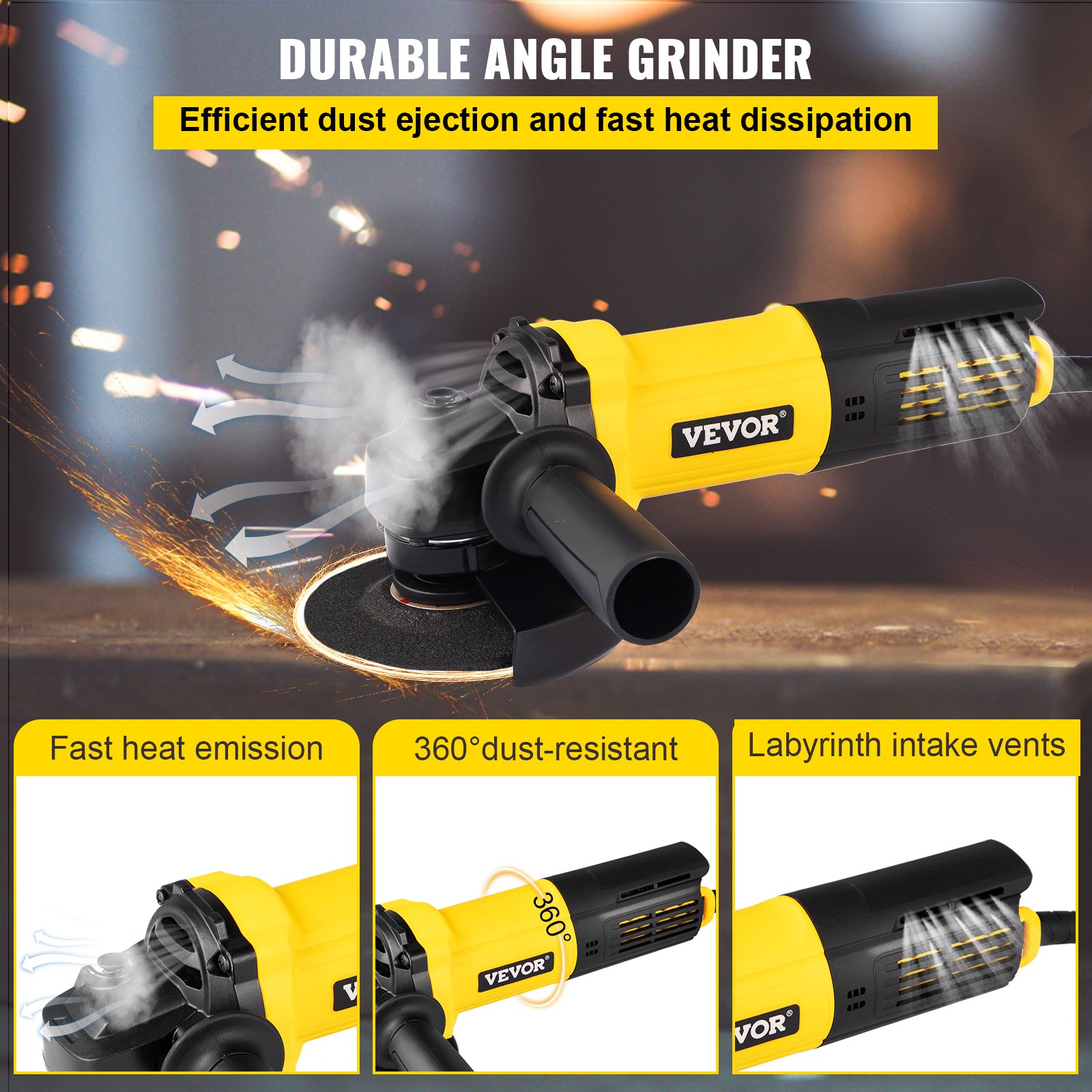 VEVOR Angle Grinder, 4-1/2 Inch Powerful Grinder Tool 11Amp Power ...
