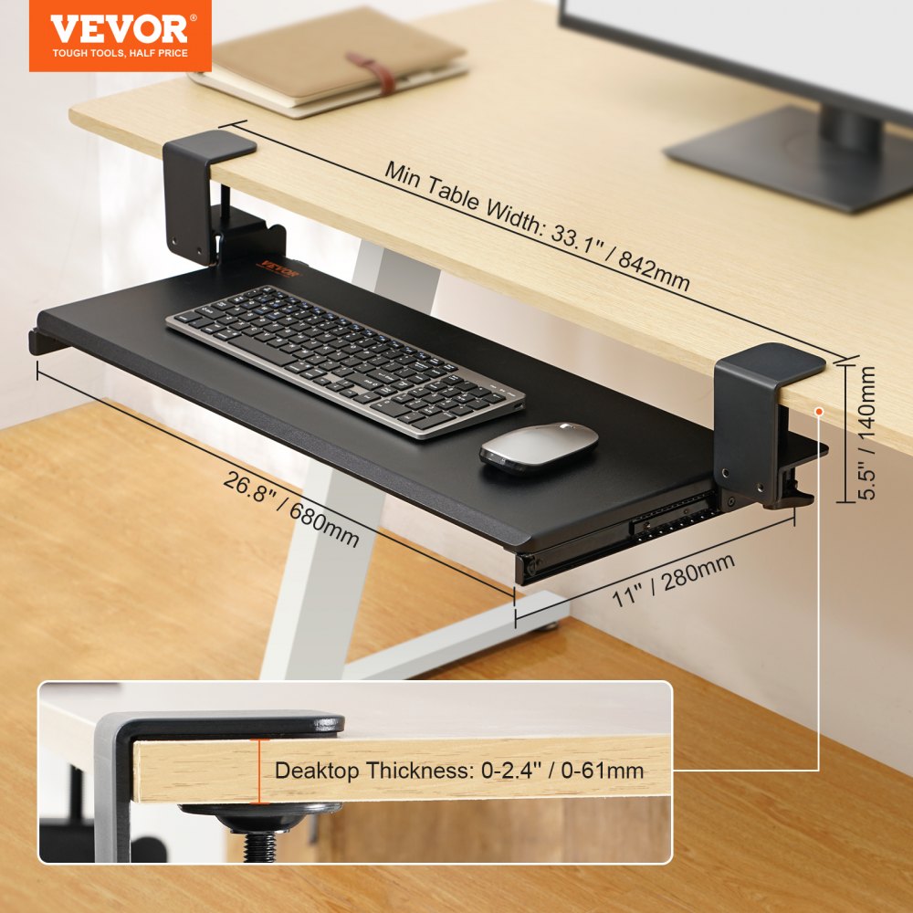VEVOR Clamp on Keyboard Tray Under Desk, Desk Keyboard Tray Slide out ...