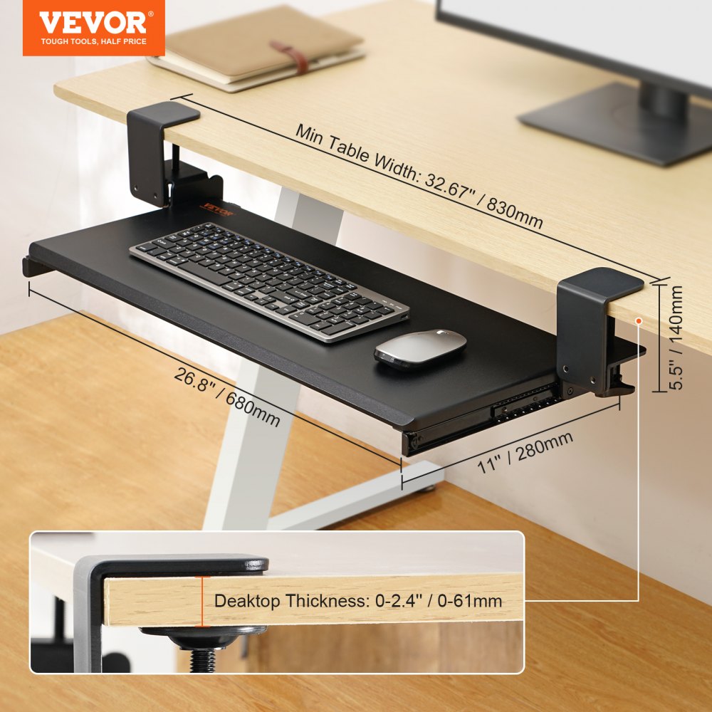 VEVOR Keyboard Tray Under Desk, Pull out Keyboard/Mouse Tray Under Desk ...