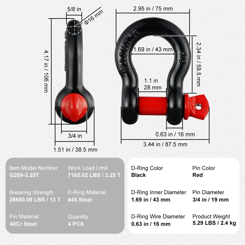 VEVOR 5/8" D-Ring Shackle, 4 Pack Alloy Steel Shackles 28660 lbs (13 ...