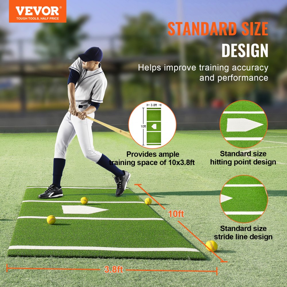 VEVOR Baseball Softball Hitting Batting Mat, 10' x 3.8' Indoor/Outdoor ...