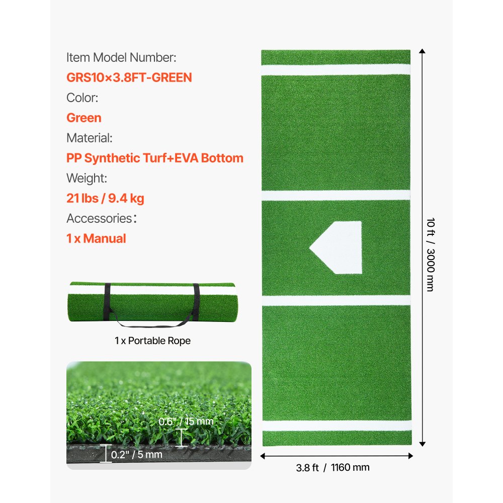 VEVOR 10x3.8 ft Baseball Softball Hitting Batting Mat, Indoor/Outdoor ...