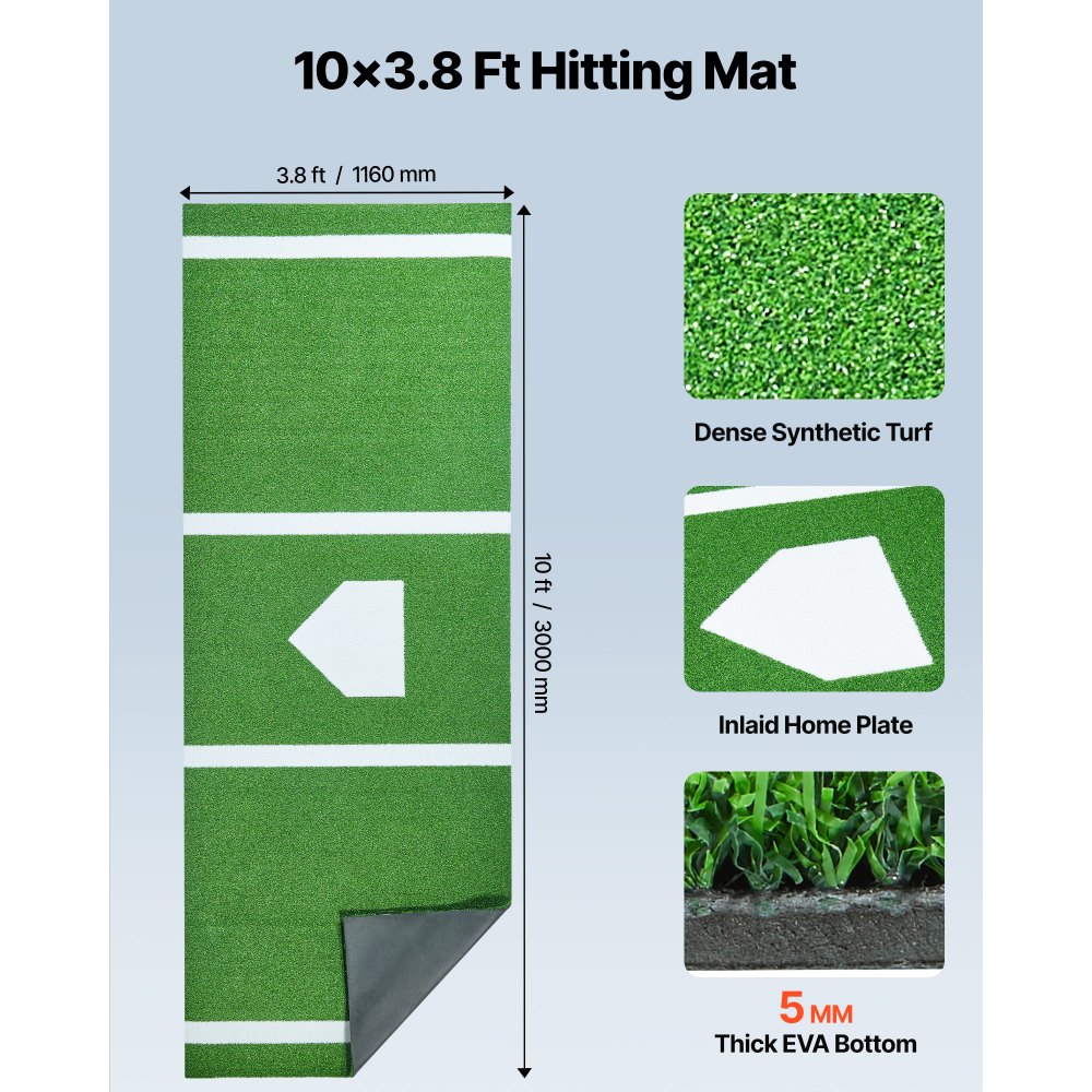 VEVOR 10x3.8 ft Baseball Softball Hitting Batting Mat, Indoor/Outdoor ...